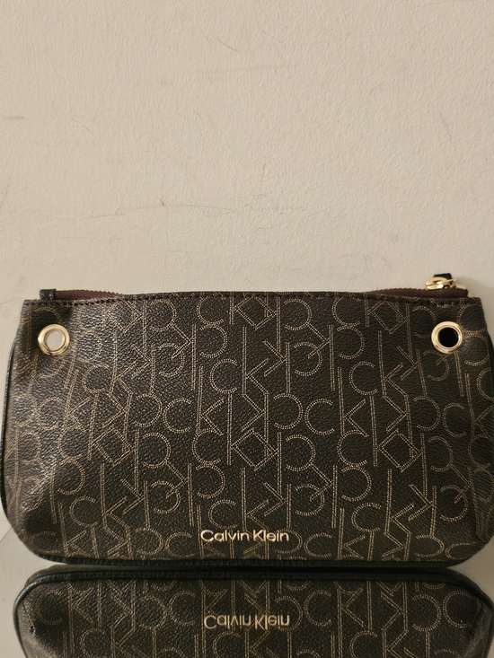 Calvin Klein | Bags | Calvin Klein Brown Monogram Logo Wristlet Clutch ...